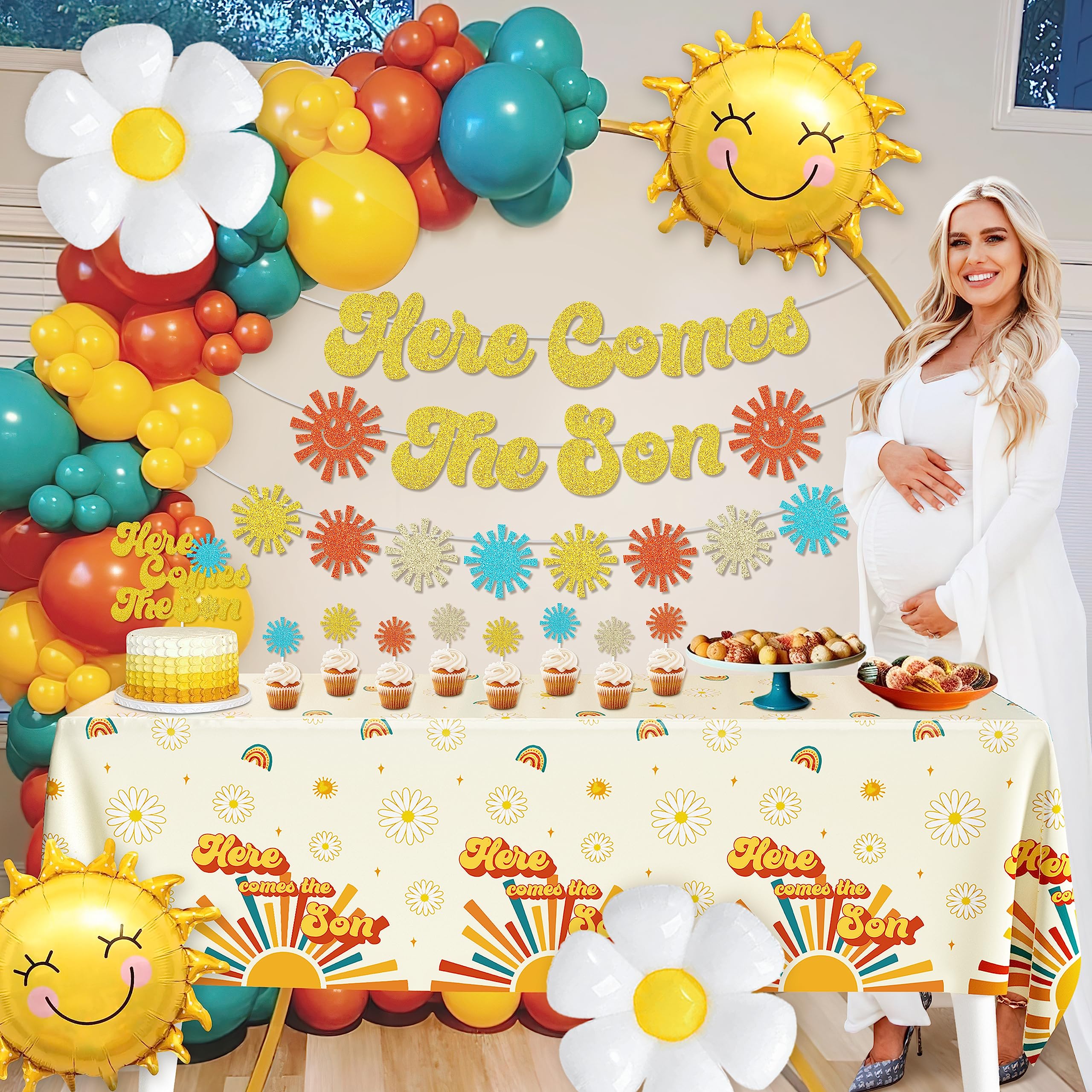 Here Comes the Son Baby Shower Decorations for Boy 1st Birthday Party Supplies Sun Retro Boho Sunshine Birthday Party Table Decor Photograph Backdrop Glitter Banner (Son-Party-B)