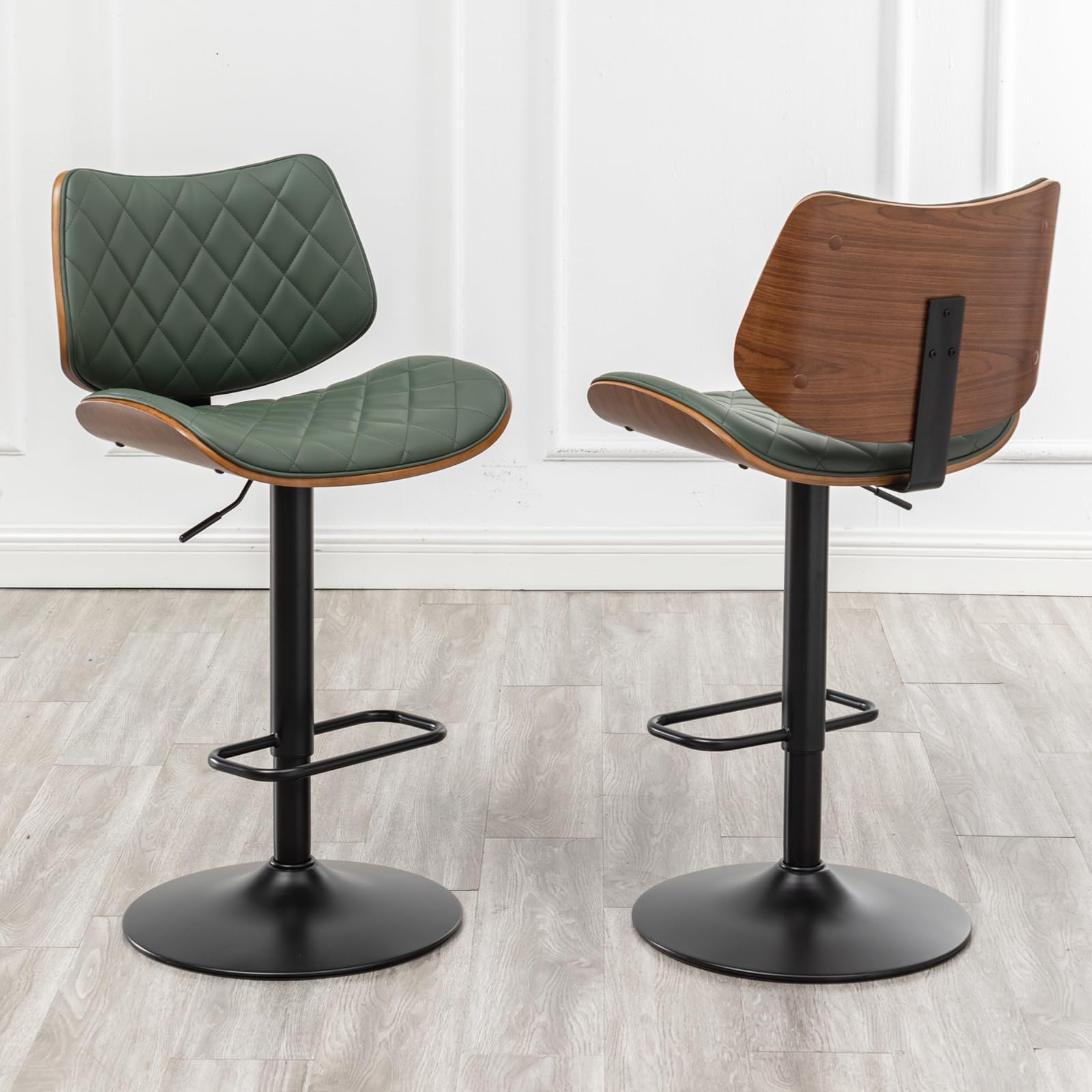 LUNLING Bar Stools Set of 2 Mid Century Modern Adjustable Counter Height Green Leather Upholstered 360°Swivel Bar Chairs for Kitchen Island/Dining Room/Cafe