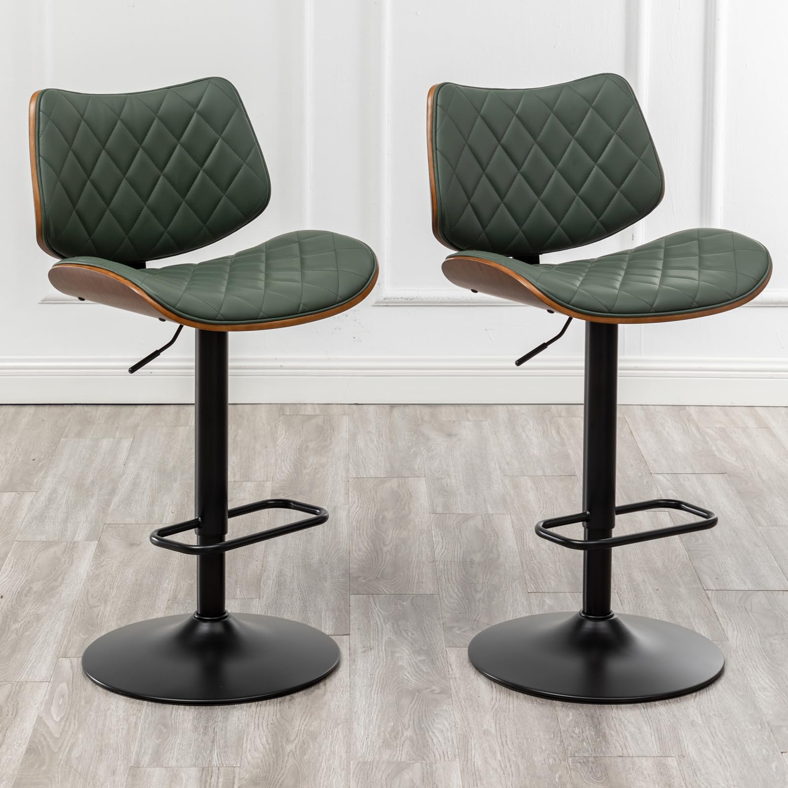 LUNLING Bar Stools Set of 2 Mid Century Modern Adjustable Counter Height Green Leather Upholstered 360°Swivel Bar Chairs for Kitchen Island/Dining Room/Cafe