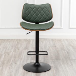 LUNLING Bar Stools Set of 2 Mid Century Modern Adjustable Counter Height Green Leather Upholstered 360°Swivel Bar Chairs for Kitchen Island/Dining Room/Cafe