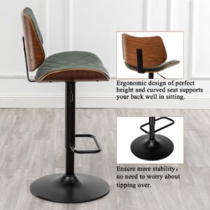 LUNLING Bar Stools Set of 2 Mid Century Modern Adjustable Counter Height Green Leather Upholstered 360°Swivel Bar Chairs for Kitchen Island/Dining Room/Cafe