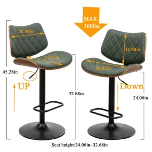 LUNLING Bar Stools Set of 2 Mid Century Modern Adjustable Counter Height Green Leather Upholstered 360°Swivel Bar Chairs for Kitchen Island/Dining Room/Cafe