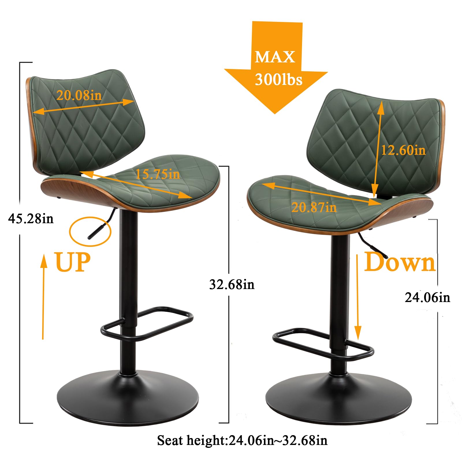 LUNLING Bar Stools Set of 2 Mid Century Modern Adjustable Counter Height Green Leather Upholstered 360°Swivel Bar Chairs for Kitchen Island/Dining Room/Cafe