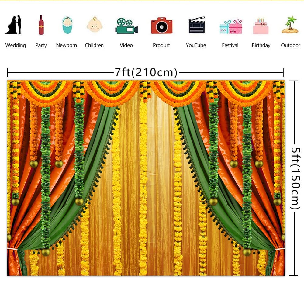 Lofaris India Pooja Photography Backdrop Puja Ganpati Pooja Traditional Mehndi Festival Background Diwali Decorations Wedding Party Marigold Garlands Photo Props 7x5ft