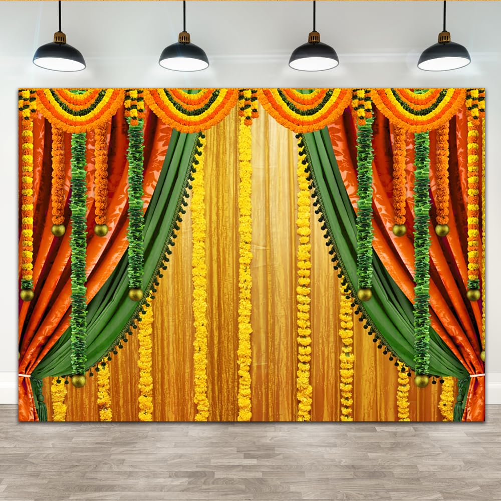 Lofaris India Pooja Photography Backdrop Puja Ganpati Pooja Traditional Mehndi Festival Background Diwali Decorations Wedding Party Marigold Garlands Photo Props 7x5ft