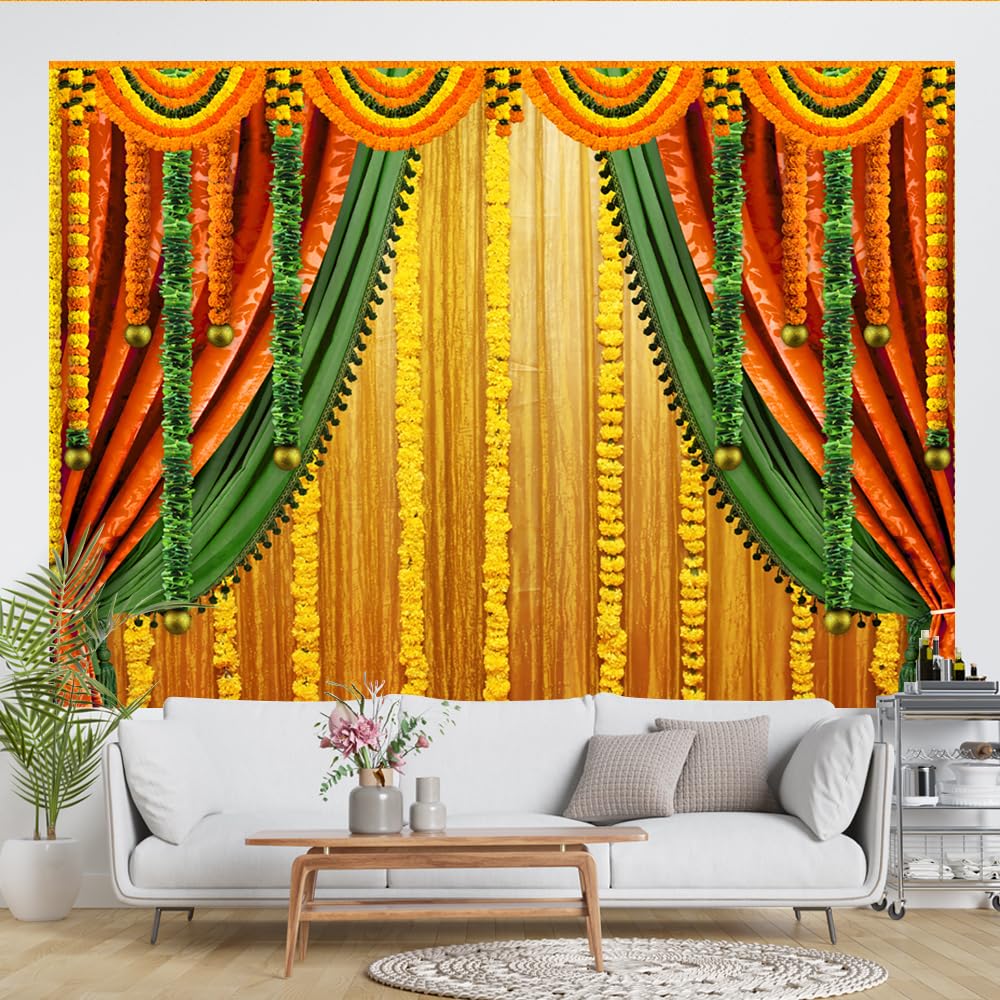 Lofaris India Pooja Photography Backdrop Puja Ganpati Pooja Traditional Mehndi Festival Background Diwali Decorations Wedding Party Marigold Garlands Photo Props 7x5ft