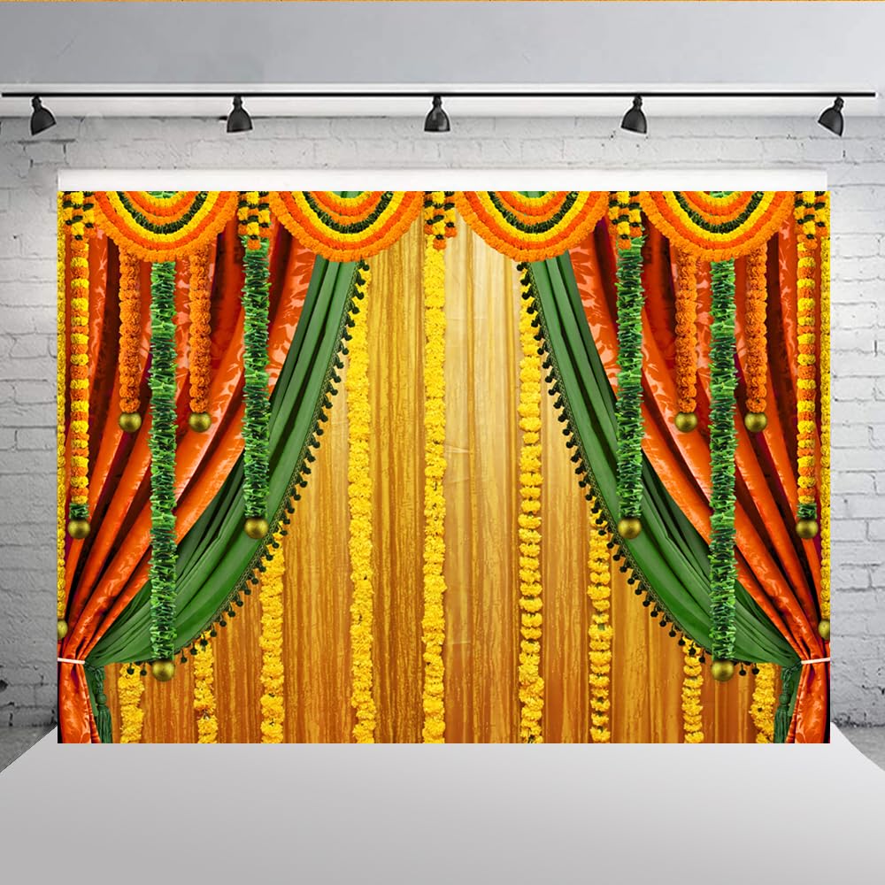 Lofaris India Pooja Photography Backdrop Puja Ganpati Pooja Traditional Mehndi Festival Background Diwali Decorations Wedding Party Marigold Garlands Photo Props 7x5ft