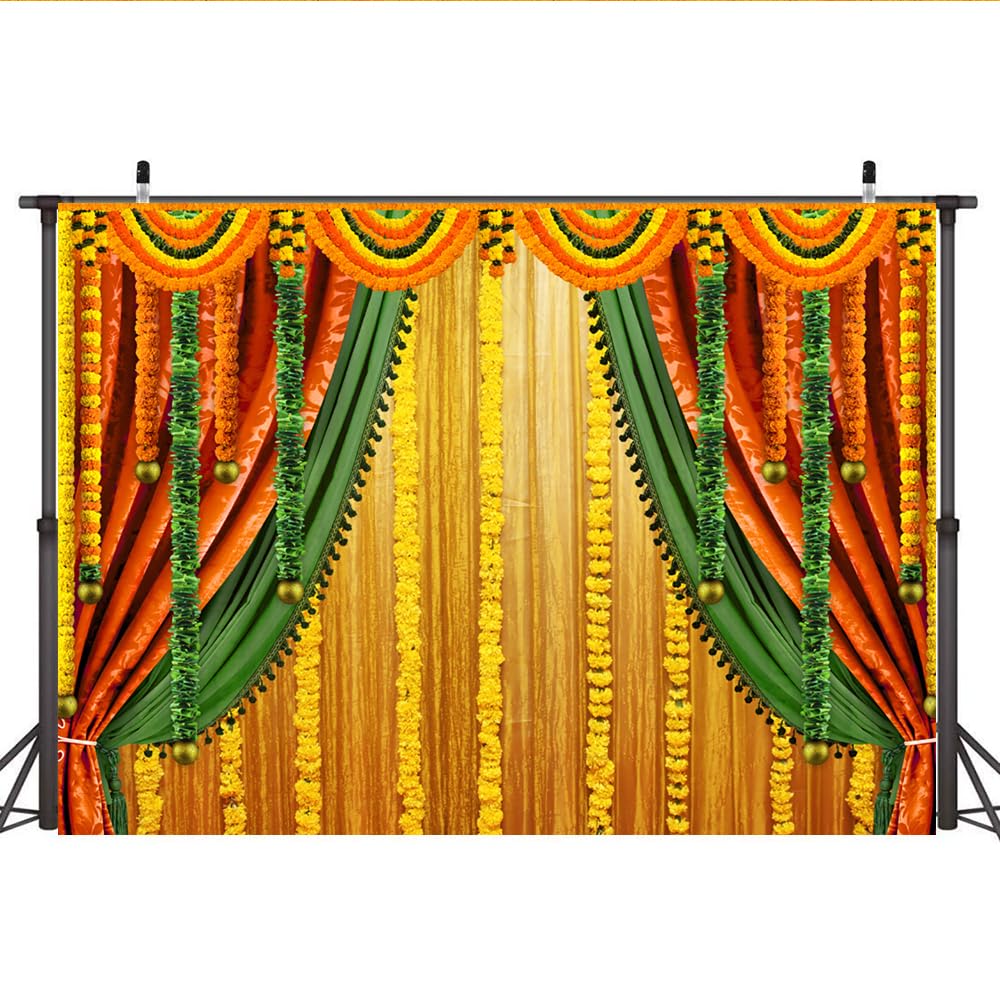 Lofaris India Pooja Photography Backdrop Puja Ganpati Pooja Traditional Mehndi Festival Background Diwali Decorations Wedding Party Marigold Garlands Photo Props 7x5ft