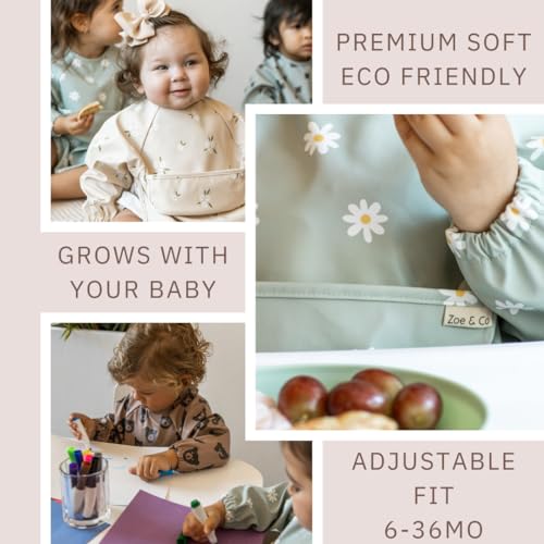 Zoe & Co Baby Bibs for Eating w/Food Catcher | Premium Soft Waterproof Bibs for Baby Led Weaning | Cute Toddler Bibs 1-3 years | Mess-proof Long Sleeve Bib | Baby Bib w/Adjustable Fit