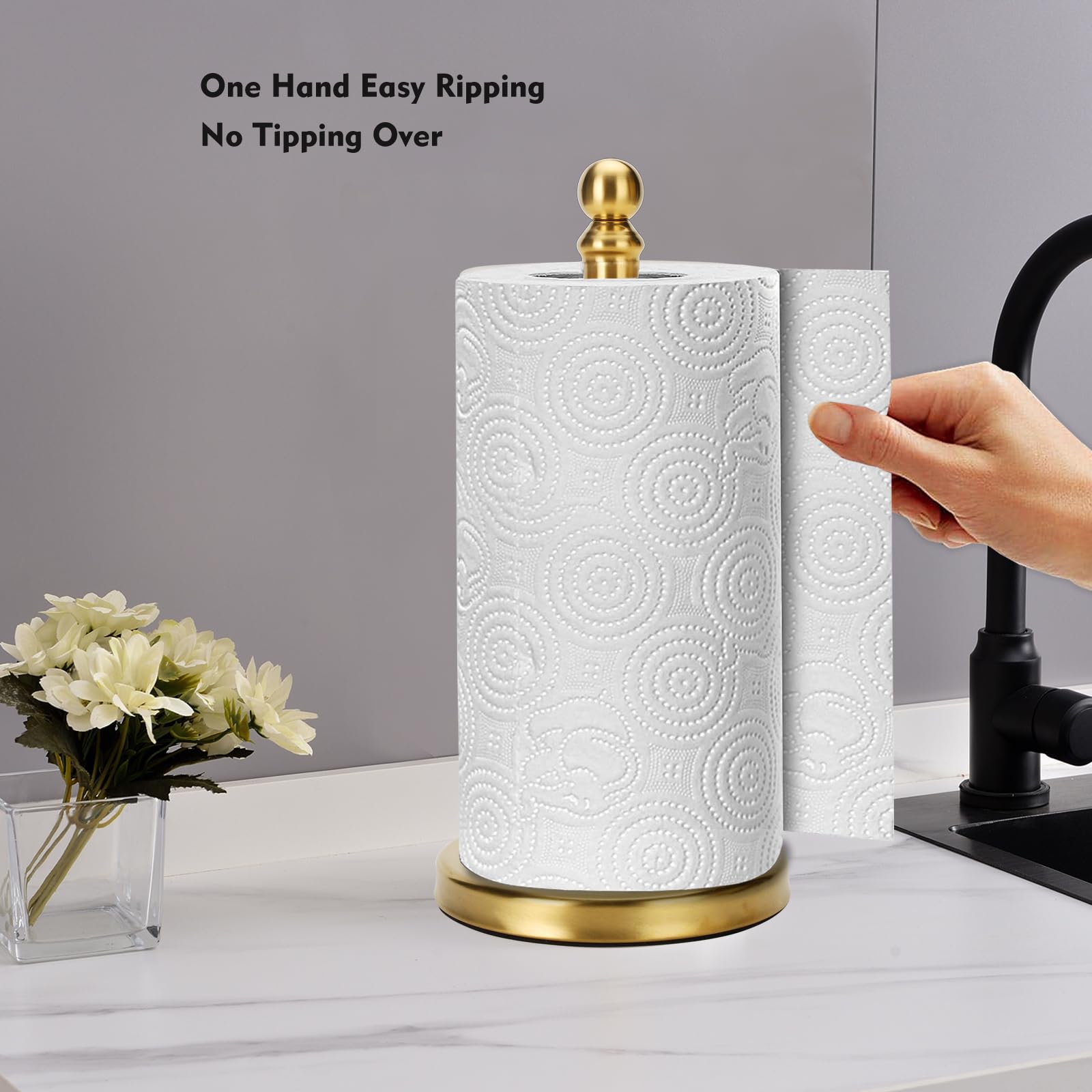 Fatizon Paper Towel Holder Stand, Gold Paper Towel Holder Countertop, with Weighted Base for One-Handed Operation (Gold)