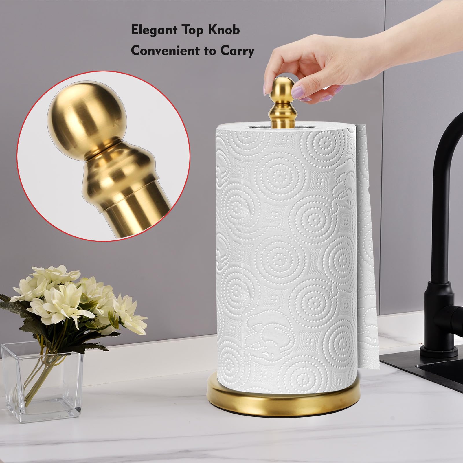 Fatizon Paper Towel Holder Stand, Gold Paper Towel Holder Countertop, with Weighted Base for One-Handed Operation (Gold)