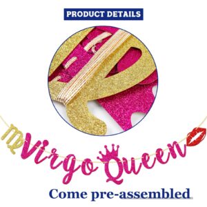 Virgo Queen Banner, Pre-strung Virgo Astrology Banner, Happy 18th, 21st, 30th, 40th, 50th, 60th Birthday Party Decor, Virgo Zodiac Birthday Party Decorations (Rose Glitter)