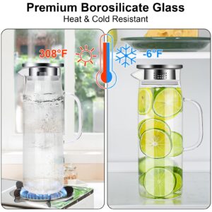 Glass Pitcher with Lid and Handle,50 OZ Glass Water Jug with Spout for Cold&Hot Drinks - Heat Resistant Borosilicate Crystal Clear Glass Carafe for Sangria,Coffee,Brewed Tea,Juice,wine and Beverage