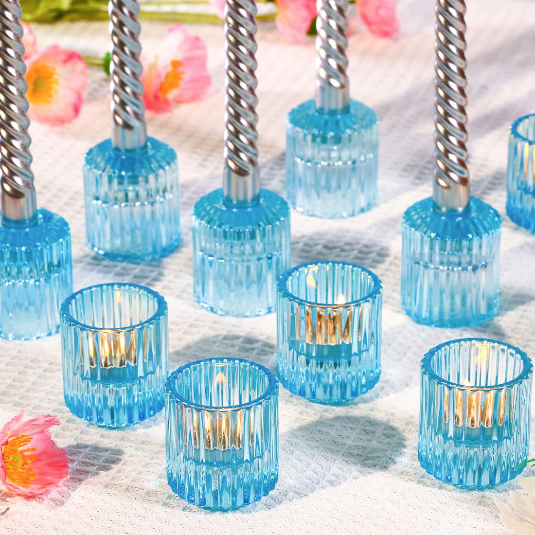 12pcs Candlestick Holders, Blue Glass Taper Candle Holders Candle Holders for Taper Candles, Pillar Candle, Tealight, Votive Candle Holders for Centerpiece Table Decorations