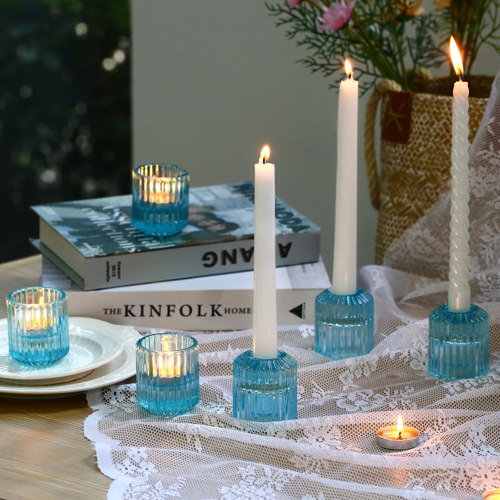 12pcs Candlestick Holders, Blue Glass Taper Candle Holders Candle Holders for Taper Candles, Pillar Candle, Tealight, Votive Candle Holders for Centerpiece Table Decorations