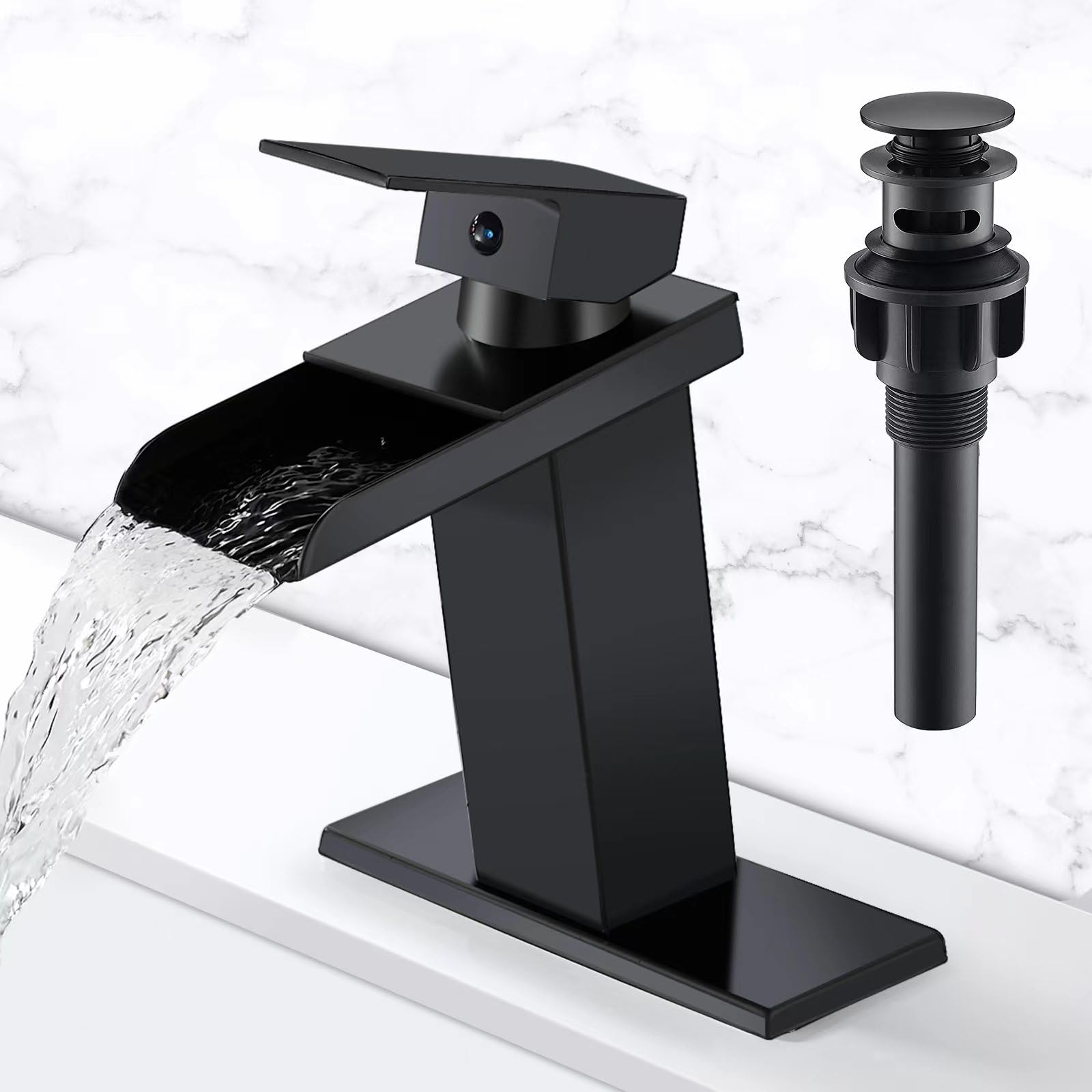 Black Waterfall Bathroom Faucet Single Handle Sink Vanity Faucets with Pop Up Drain 1 Or 3 Hole 4 Inch Bathroom Sink Faucet Water Mixer Tap Lavatory Sink Faucet Solid Brass Matte Black