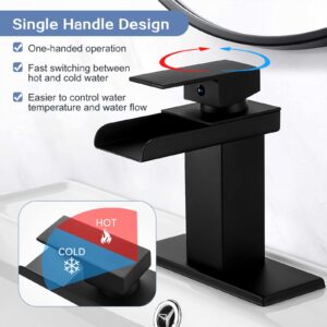 Black Waterfall Bathroom Faucet Single Handle Sink Vanity Faucets with Pop Up Drain 1 Or 3 Hole 4 Inch Bathroom Sink Faucet Water Mixer Tap Lavatory Sink Faucet Solid Brass Matte Black