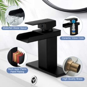 Black Waterfall Bathroom Faucet Single Handle Sink Vanity Faucets with Pop Up Drain 1 Or 3 Hole 4 Inch Bathroom Sink Faucet Water Mixer Tap Lavatory Sink Faucet Solid Brass Matte Black