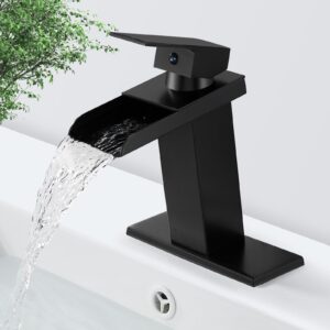 Black Waterfall Bathroom Faucet Single Handle Sink Vanity Faucets with Pop Up Drain 1 Or 3 Hole 4 Inch Bathroom Sink Faucet Water Mixer Tap Lavatory Sink Faucet Solid Brass Matte Black