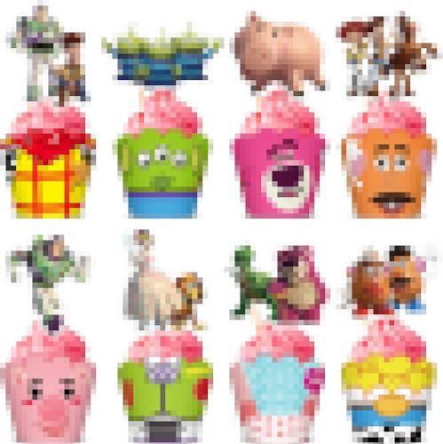 48 Pcs Toy Theme Birthday Party Supplies Favor, Cake Decorations Toy Cupcake Toppers and Toy Cupcake Wrappers Set with 24 Pcs Cupcake Toppers, 24 Pcs Cupcake Wrappers for Cartoons Video