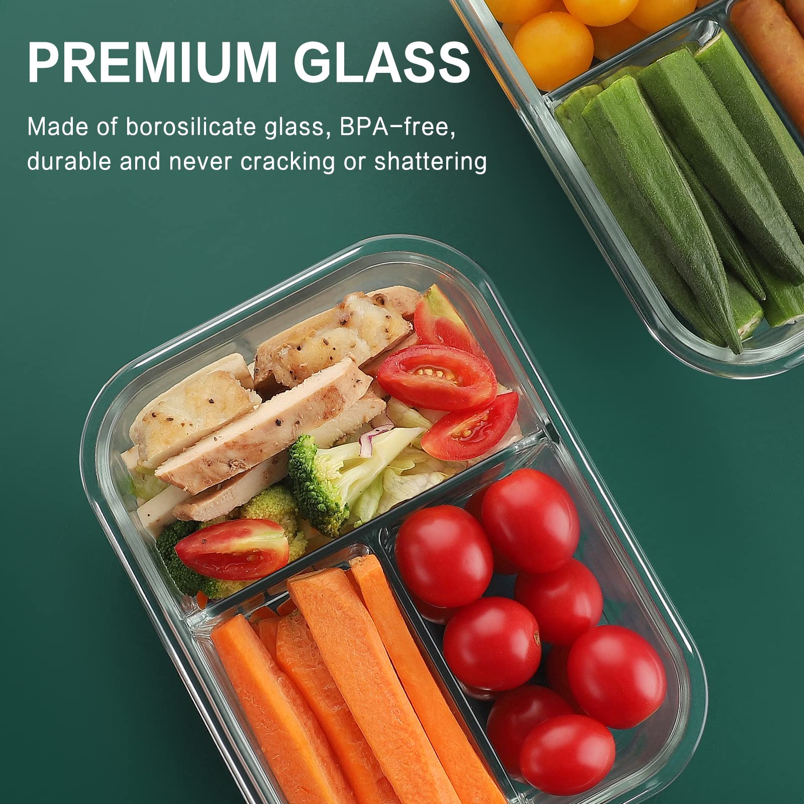 HOMBERKING 8 Pack Glass Meal Prep Containers 3 Compartment, 36oz Glass Food Storage Containers with Lids, Airtight Glass Lunch Bento Boxes, BPA-Free & Leak Proof (8 lids & 8 Containers) - Blue