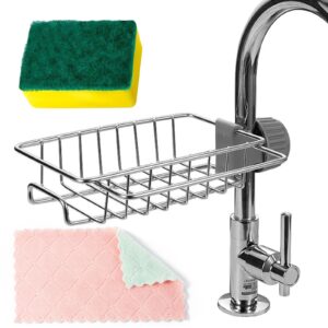 hautllaif sponge holder for kitchen sink，3-in-1 drain rack storage holder shelf sponge soap cloth holder for kitchen sink faucet,with microfiber sponge and dish towel