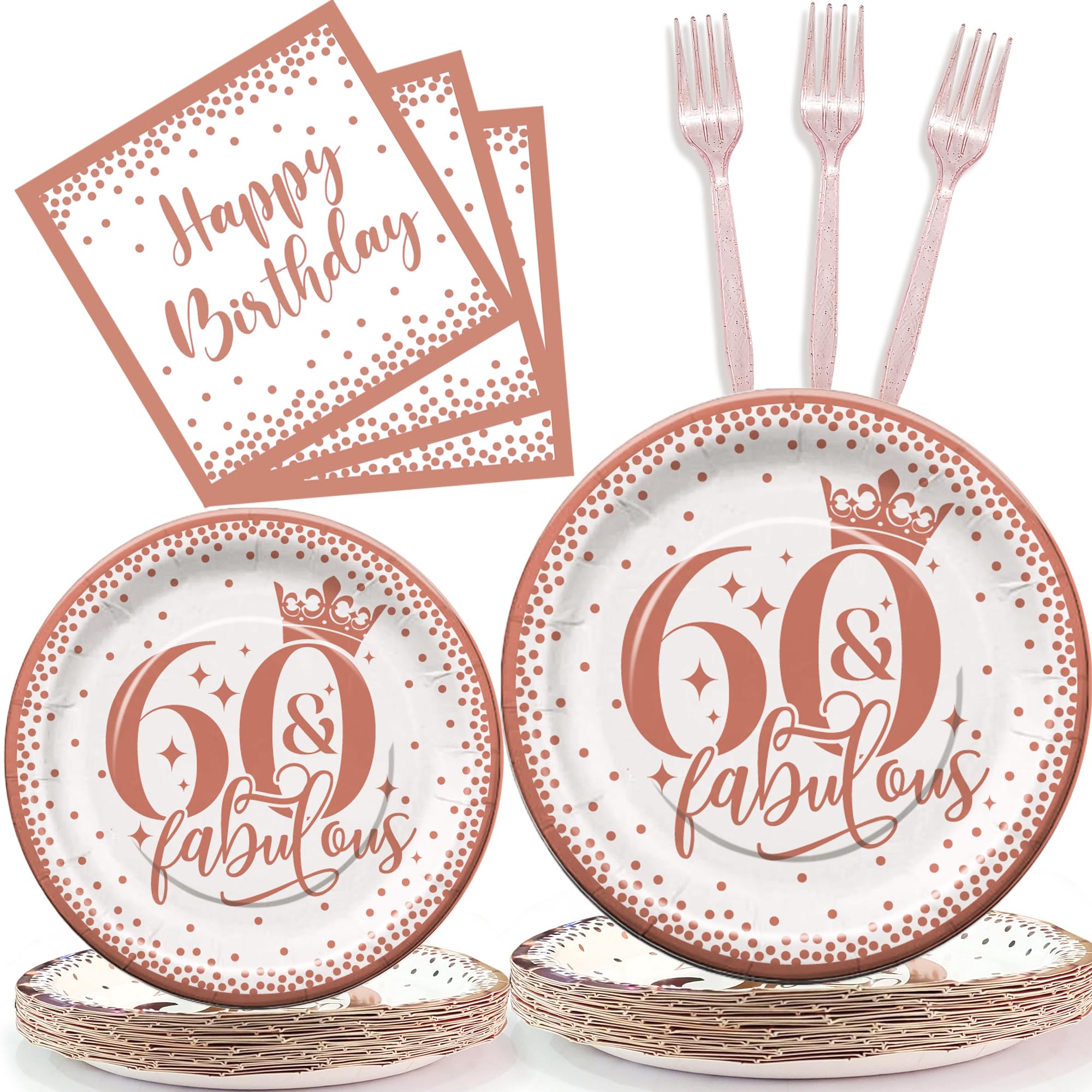 GREPARPY 60th Birthday Decorations Women Tableware - Rose Gold 60 And Fabulous Birthday Decorations Dinnerware, Sixty Birthday Plate, Napkin, Fork, Her 60-Year-Old Birthday Party Supplies | Serve 24