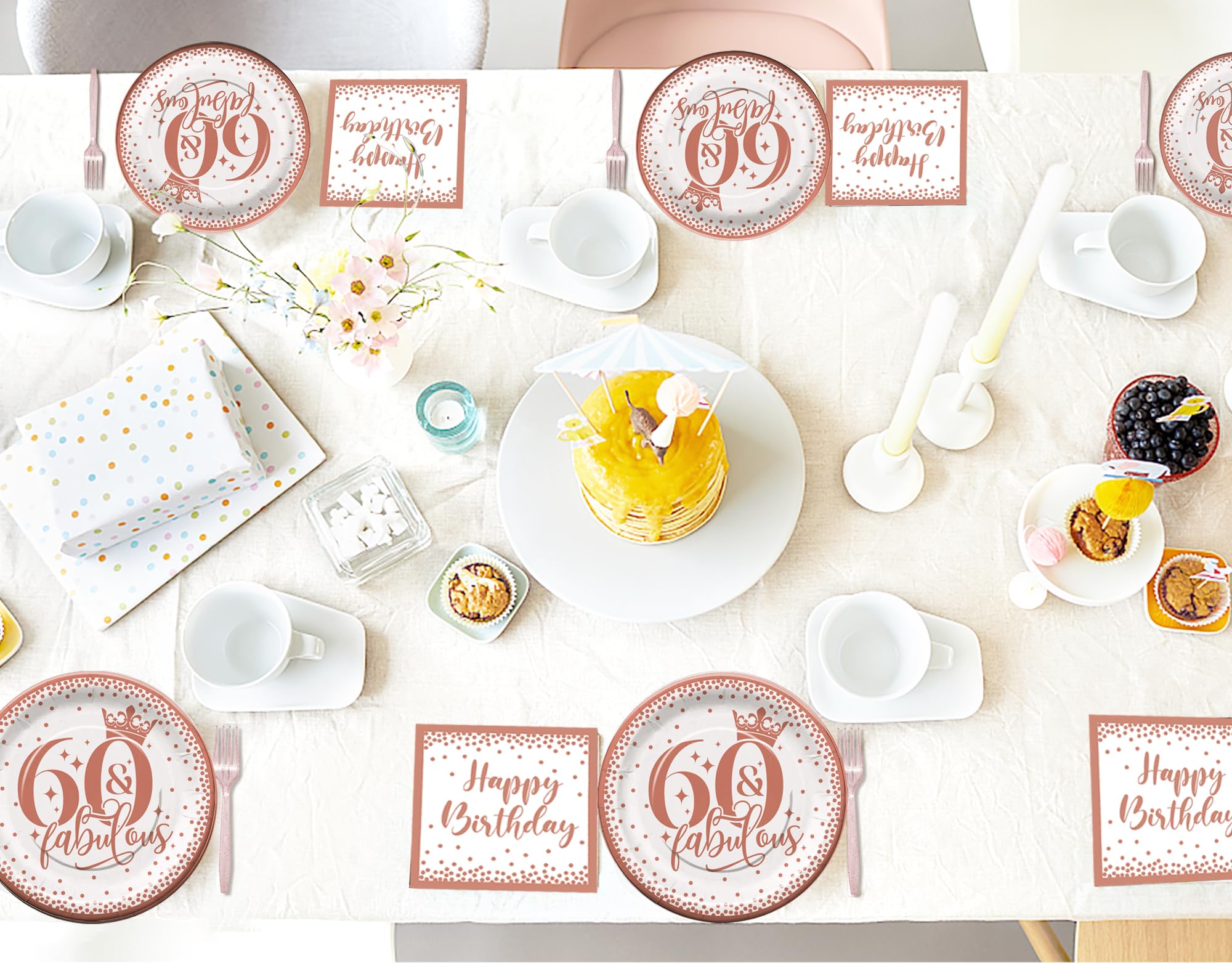 GREPARPY 60th Birthday Decorations Women Tableware - Rose Gold 60 And Fabulous Birthday Decorations Dinnerware, Sixty Birthday Plate, Napkin, Fork, Her 60-Year-Old Birthday Party Supplies | Serve 24