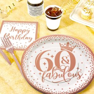 GREPARPY 60th Birthday Decorations Women Tableware - Rose Gold 60 And Fabulous Birthday Decorations Dinnerware, Sixty Birthday Plate, Napkin, Fork, Her 60-Year-Old Birthday Party Supplies | Serve 24