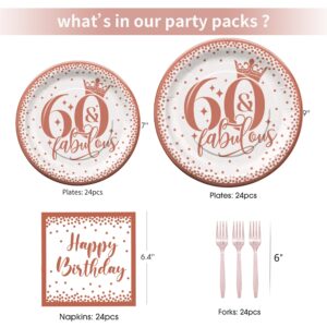 GREPARPY 60th Birthday Decorations Women Tableware - Rose Gold 60 And Fabulous Birthday Decorations Dinnerware, Sixty Birthday Plate, Napkin, Fork, Her 60-Year-Old Birthday Party Supplies | Serve 24