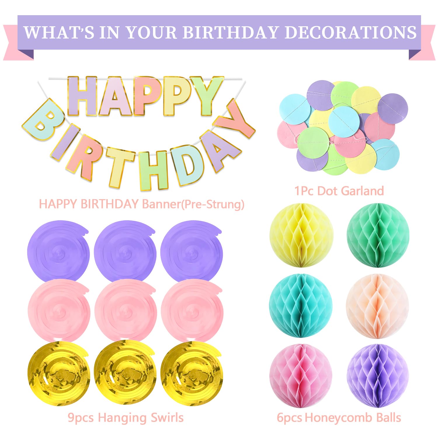 LITAUS, Birthday Decorations, NO DIY - Pack of 17 | Macaron Happy Birthday Banner, Honeycomb Balls, Swirls, Garland | Happy Birthday Decorations | Birthday Party Decorations