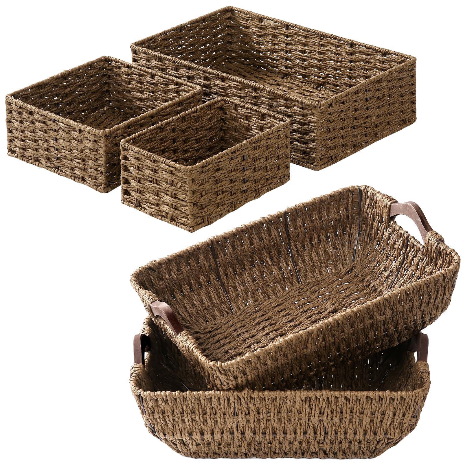 FairyHaus Handmade Wicker Storage Basket 5Pack, Recyclable & Renewable Paper Rope Small Wicker Baskets for Storage, Brown