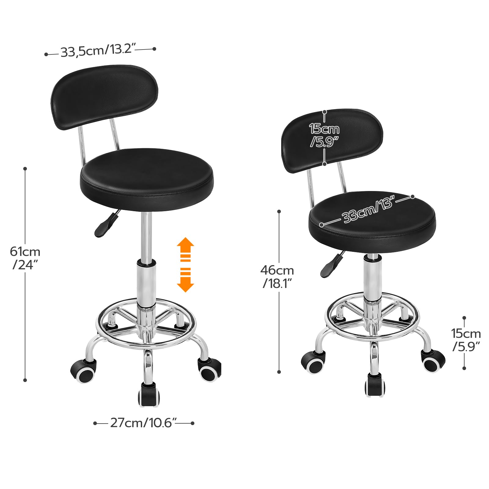 HOOBRO Height Adjustable Rolling Stool, 360° Rotating Drafting Chair, Multi-Purpose Office Desk Chair, Rolling Swivel Salon Stool Chair, for Barber Shop, Nail Salon, Office, Black SB01BY01