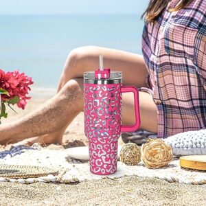 sweet grain 40oz Insulated Leopard Tumbler with Handle, Stainless Steel Coffee Hot Pink Tumbler with Lid and Straws,Double Vacuum Coffee Travel Mug Water Bottle for Office,Home, Party