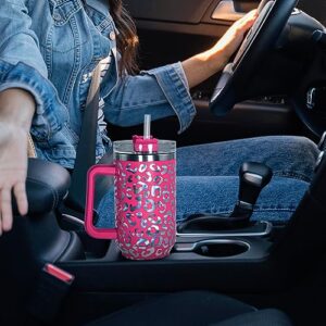 sweet grain 40oz Insulated Leopard Tumbler with Handle, Stainless Steel Coffee Hot Pink Tumbler with Lid and Straws,Double Vacuum Coffee Travel Mug Water Bottle for Office,Home, Party