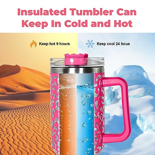 sweet grain 40oz Insulated Leopard Tumbler with Handle, Stainless Steel Coffee Hot Pink Tumbler with Lid and Straws,Double Vacuum Coffee Travel Mug Water Bottle for Office,Home, Party