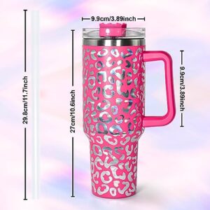 sweet grain 40oz Insulated Leopard Tumbler with Handle, Stainless Steel Coffee Hot Pink Tumbler with Lid and Straws,Double Vacuum Coffee Travel Mug Water Bottle for Office,Home, Party