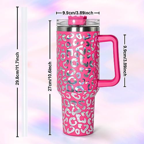 sweet grain 40oz Insulated Leopard Tumbler with Handle, Stainless Steel Coffee Hot Pink Tumbler with Lid and Straws,Double Vacuum Coffee Travel Mug Water Bottle for Office,Home, Party