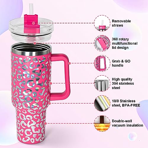 sweet grain 40oz Insulated Leopard Tumbler with Handle, Stainless Steel Coffee Hot Pink Tumbler with Lid and Straws,Double Vacuum Coffee Travel Mug Water Bottle for Office,Home, Party