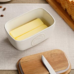 Getstar Ceramic Butter Dish with Acacia Lid for Countertop, Silicone Sealing, Farmhouse Kitchen Counter Decor, Large Butter Keeper Container (6.5”x4”)