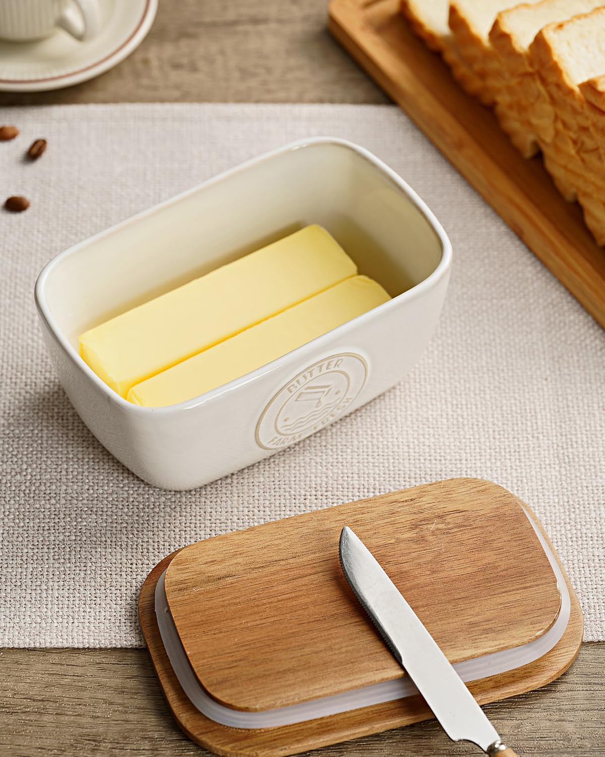 Getstar Ceramic Butter Dish with Acacia Lid for Countertop, Silicone Sealing, Farmhouse Kitchen Counter Decor, Large Butter Keeper Container (6.5”x4”)