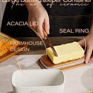 Getstar Ceramic Butter Dish with Acacia Lid for Countertop, Silicone Sealing, Farmhouse Kitchen Counter Decor, Large Butter Keeper Container (6.5”x4”)