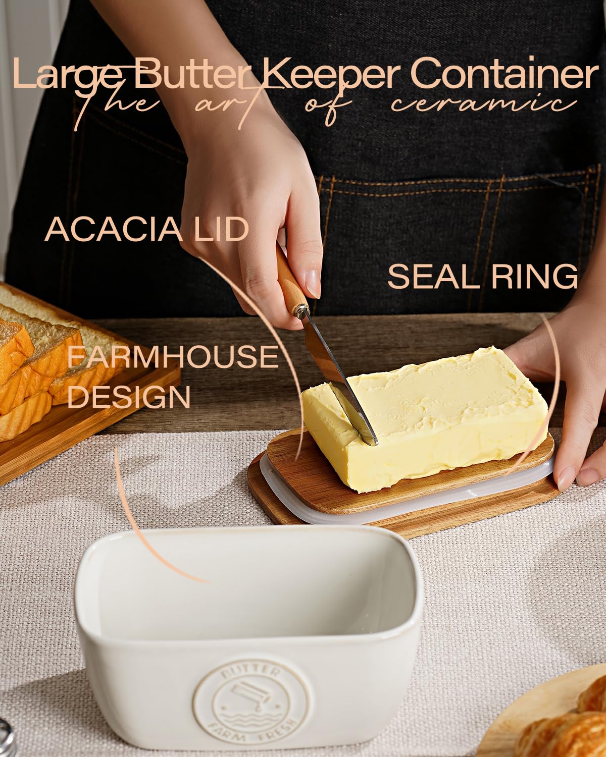 Getstar Ceramic Butter Dish with Acacia Lid for Countertop, Silicone Sealing, Farmhouse Kitchen Counter Decor, Large Butter Keeper Container (6.5”x4”)