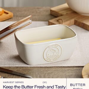 Getstar Ceramic Butter Dish with Acacia Lid for Countertop, Silicone Sealing, Farmhouse Kitchen Counter Decor, Large Butter Keeper Container (6.5”x4”)