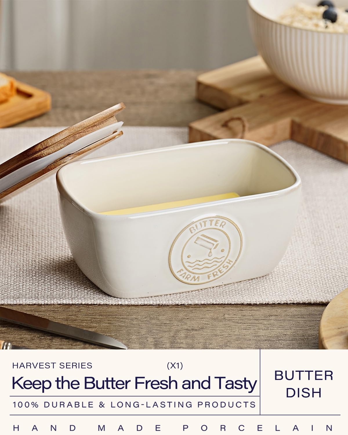 Getstar Ceramic Butter Dish with Acacia Lid for Countertop, Silicone Sealing, Farmhouse Kitchen Counter Decor, Large Butter Keeper Container (6.5”x4”)