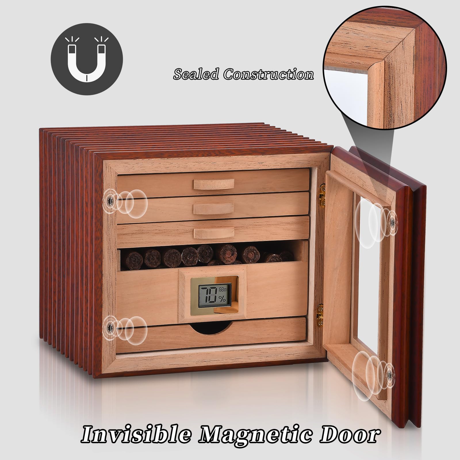 Hecai Sapele Wood Cabinet with 1 Larger Drawer+3 Cedar Trays 1 Humidifiers Digital Hygrometer for 50-55 Capacity Gifts for Men-Small