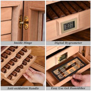 Hecai Sapele Wood Cabinet with 1 Larger Drawer+3 Cedar Trays 1 Humidifiers Digital Hygrometer for 50-55 Capacity Gifts for Men-Small