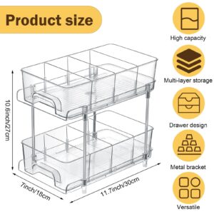 Leinuosen 4 Pcs 2 Tier Pull out Bathroom Organizers Storage with 4 Dividers, Clear Kitchen Under Sink Organization Slide out Cabinet Drawer Closet for Pantry, Vanity Counter, Counter, Medicine Bin