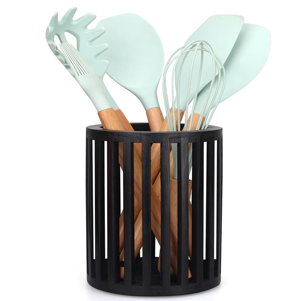 Wood Kitchen Utensil Holder Silverware Caddy Black Wooden Utensil Holder Modern Cutlery Holder Farmhouse Utensil Crock Flatware Caddy Cooking Utensil Organizer Holder for Countertop Spoon Holder