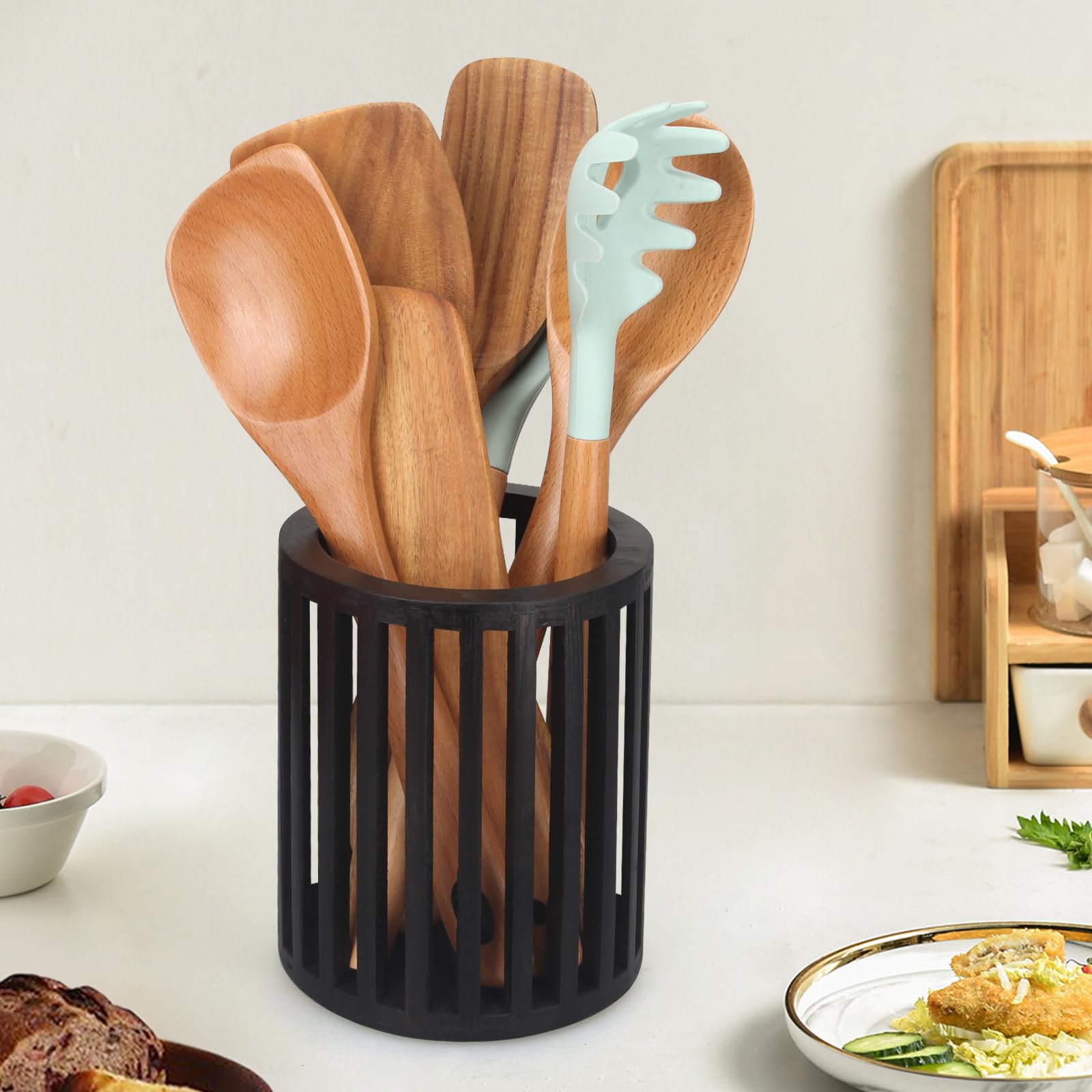 Wood Kitchen Utensil Holder Silverware Caddy Black Wooden Utensil Holder Modern Cutlery Holder Farmhouse Utensil Crock Flatware Caddy Cooking Utensil Organizer Holder for Countertop Spoon Holder